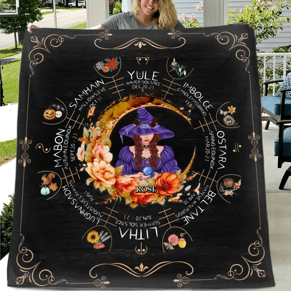 Custom Personalized Witch Calendar Floral Frame Single Layer Fleece/Qu ...
